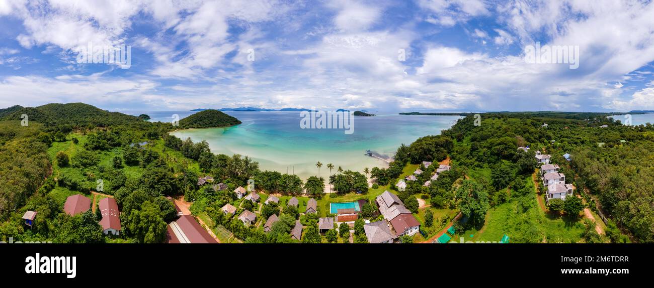 Aerial drone view of the tropical Island of Koh Mak Thailand with blue ...