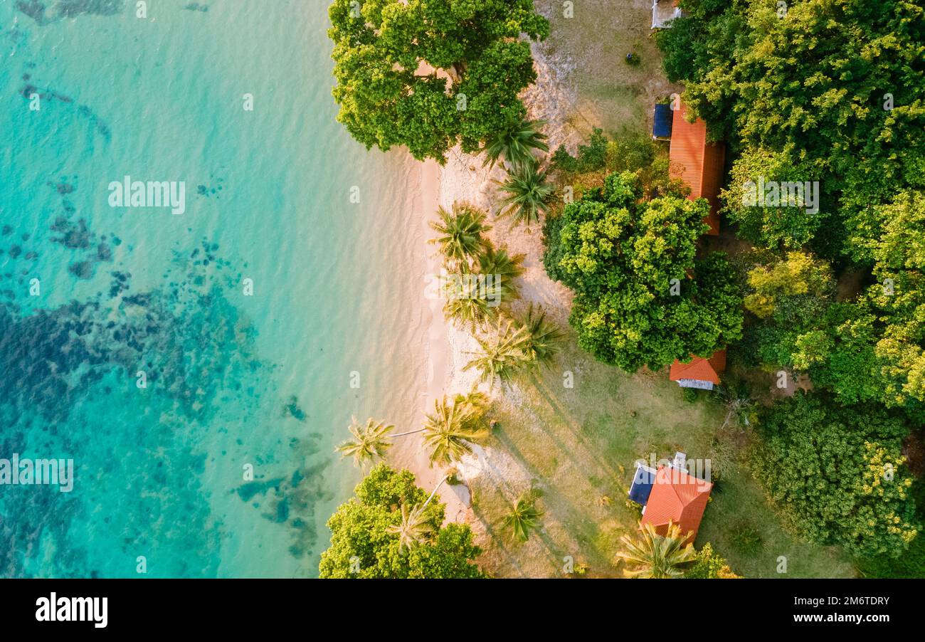Aerial drone view of the tropical Island of Koh Mak Thailand with blue ...