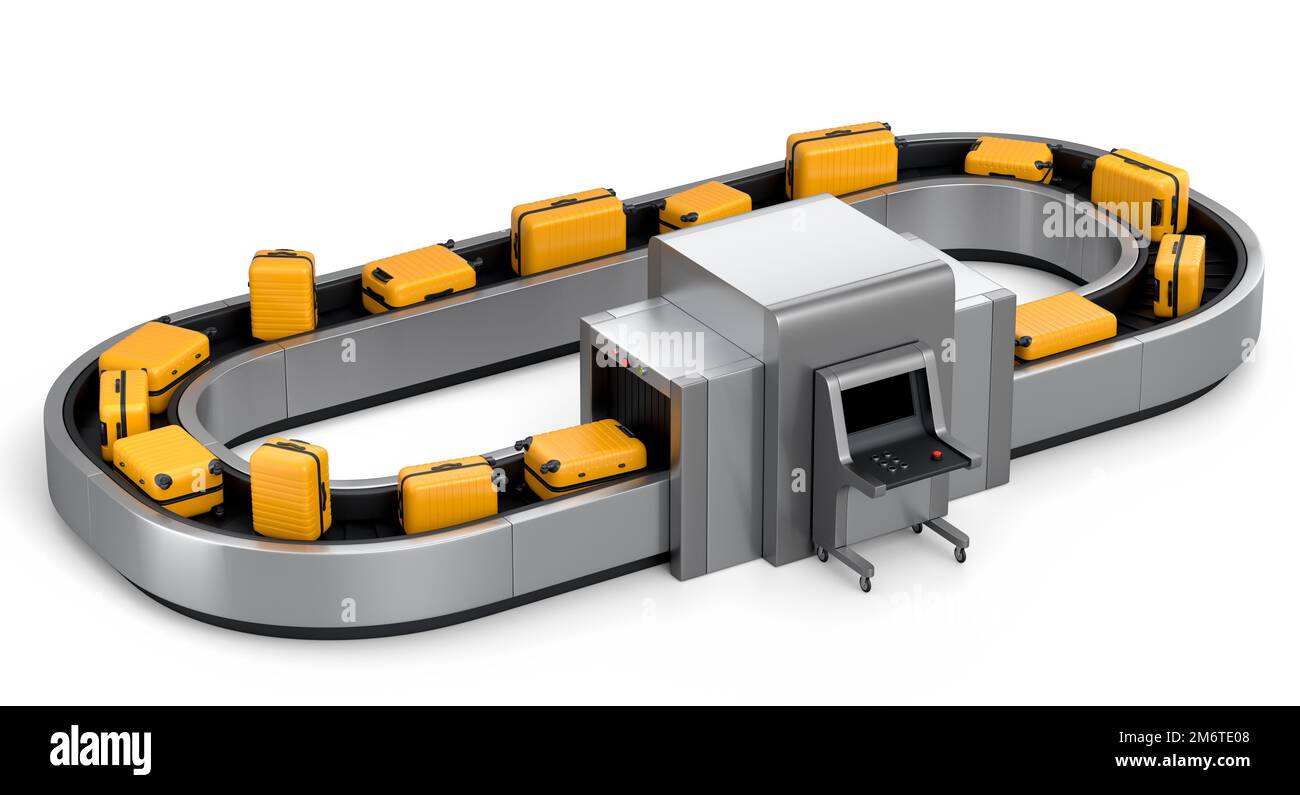 Airport luggage conveyor belt or baggage claim area with security check ...