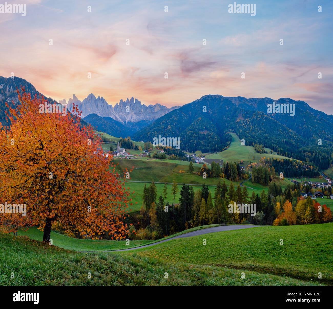 Autumn daybreak Santa Magdalena famous Italy Dolomites village view in ...
