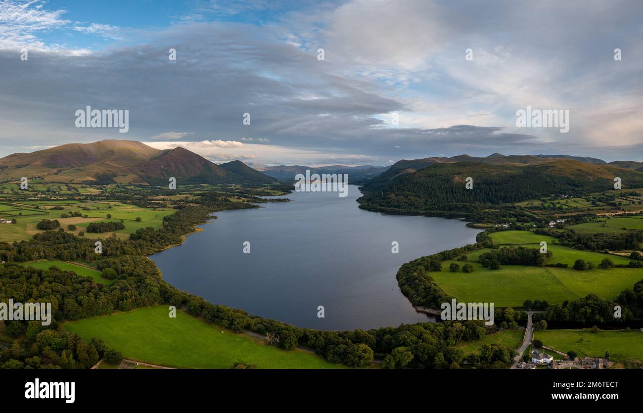 Aerial view of Bassenthwaite Lake in the English Lake District in warm ...