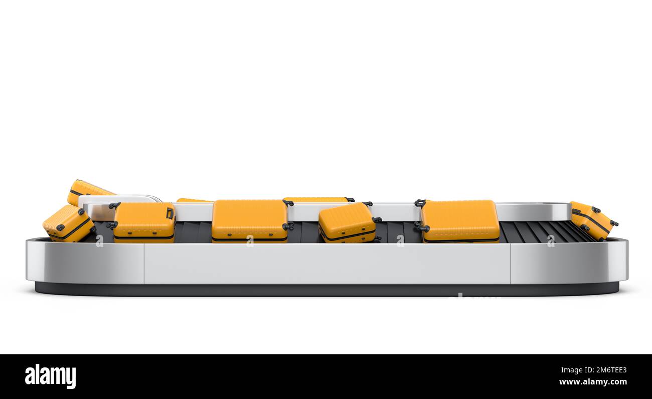 Airport luggage conveyor belt or baggage claim area with suitcases on ...