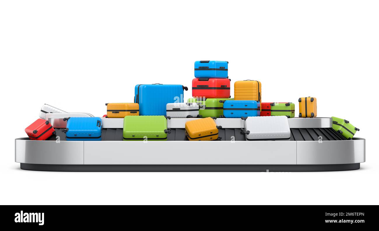 Airport luggage conveyor belt or baggage claim area with suitcases on ...