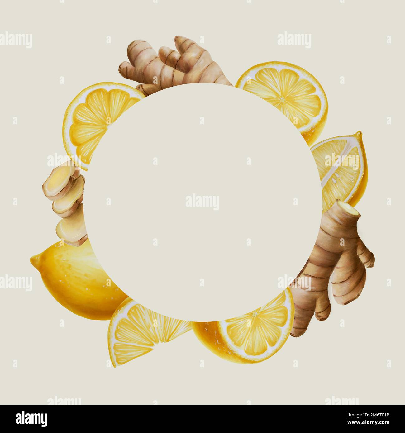 Watercolor frame with ginger and lemon. Includes ginger root and leafs ...