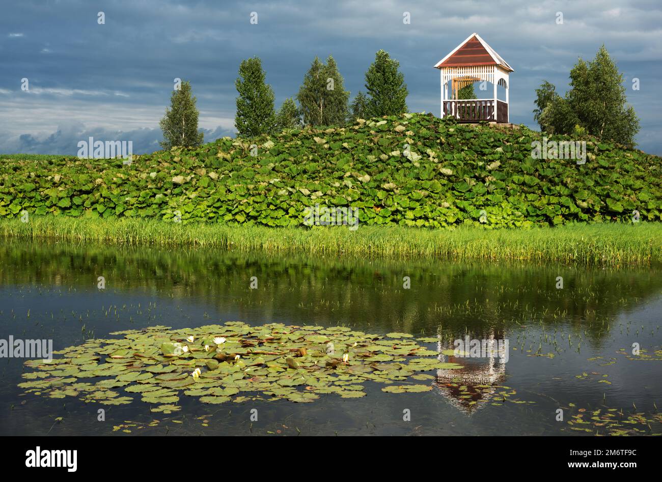 Park near catholic Church of St. Anne in the village of Mosar, Belarus ...