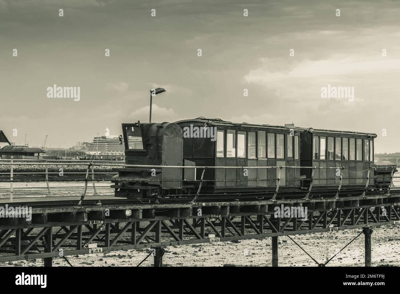 Monochrome of Hythe Pier Train driving along the Hythe Pier, Hythe ...