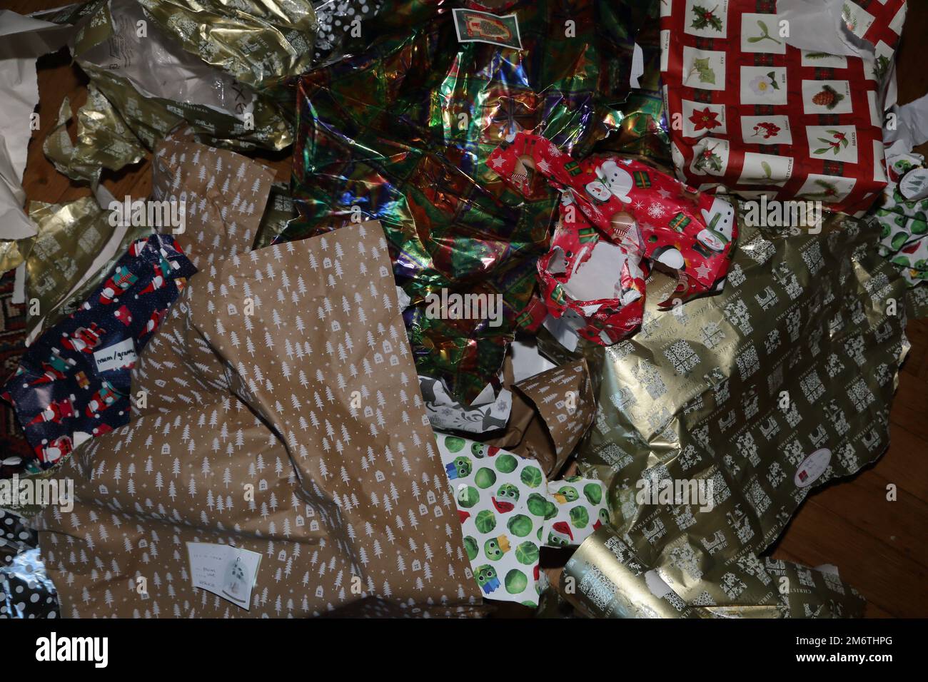Crumpled up Christmas Wrapping Paper after opening Christmas Presents ...