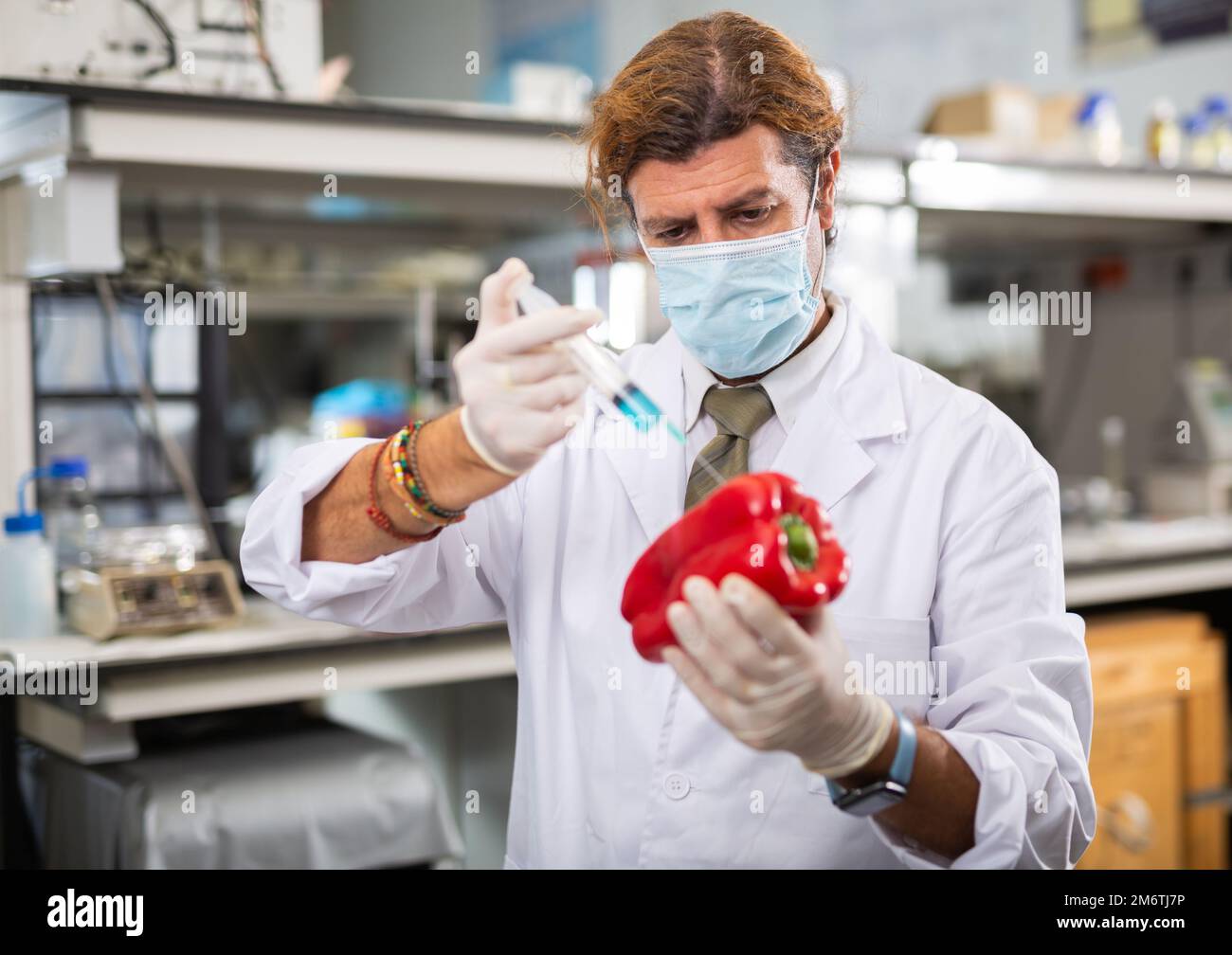 Male scientist injecting reagent from syringe into bell pepper ...