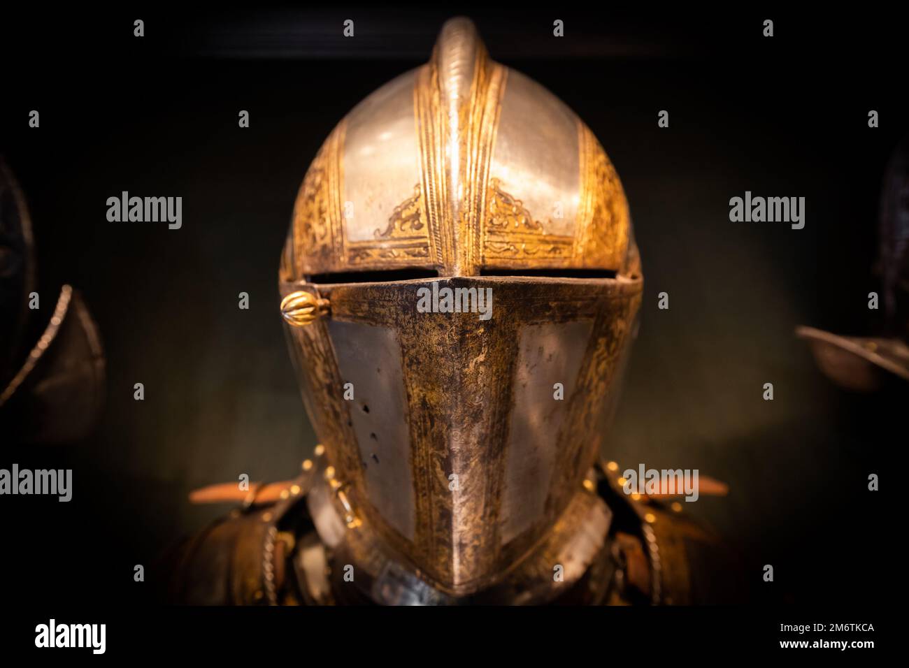 Antique armour on black background. Concept for security, safety and ...