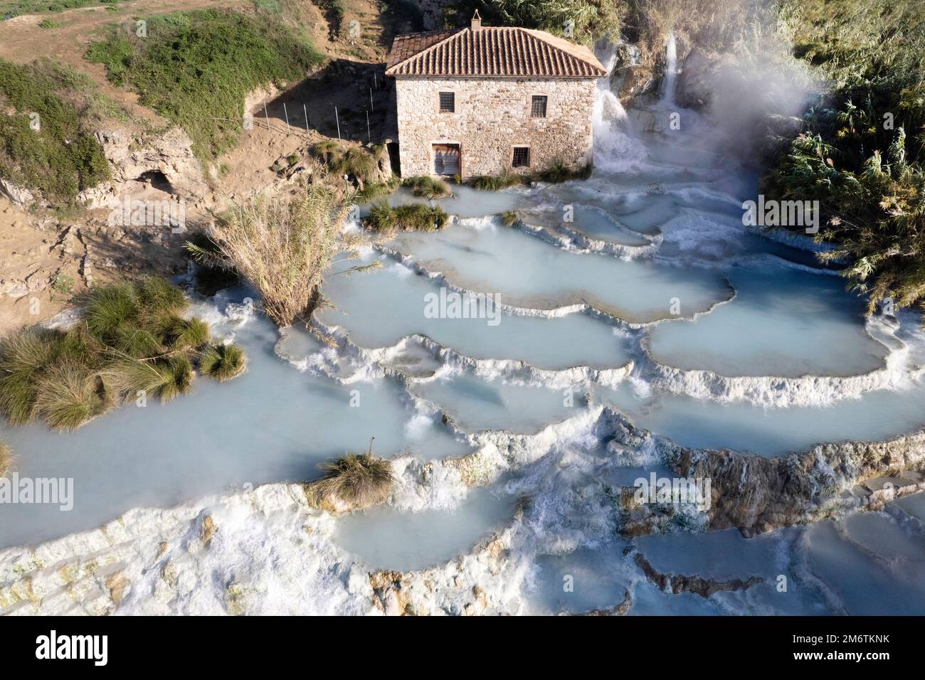 Aerial view of the free thermal baths of Saturnia Italy Stock Photo - Alamy