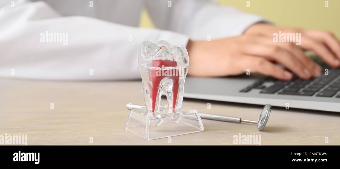Plastic model of tooth and dental mirror on table of dentist Stock ...