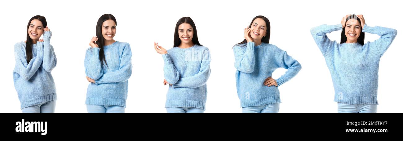 Set of stylish young woman in warm winter clothes on white background ...