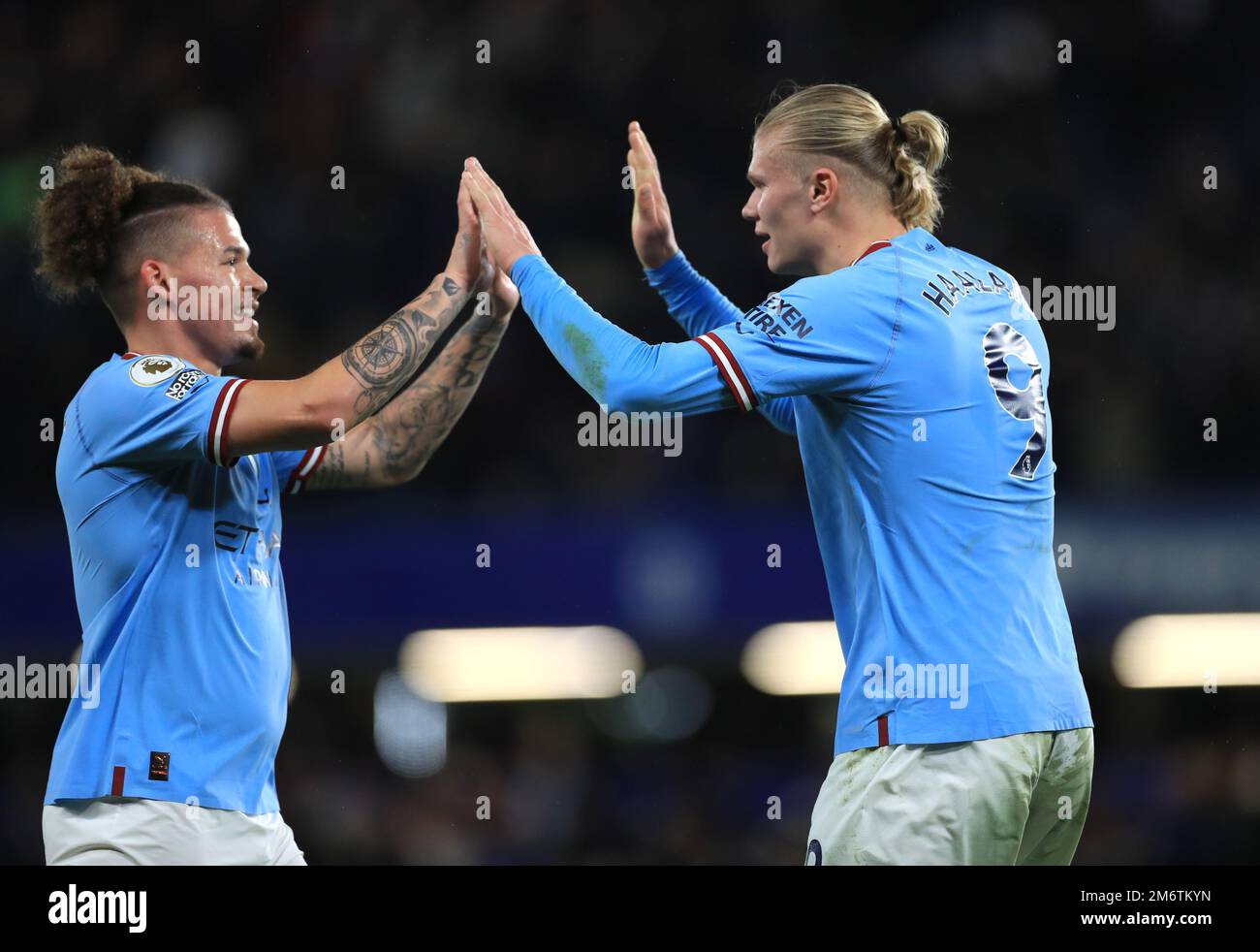 Manchester City's Erling Haaland (right) and Kalvin Phillips react ...