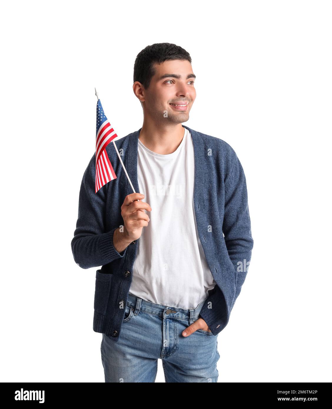 Young man holding USA flag on white background Stock Photo - Alamy