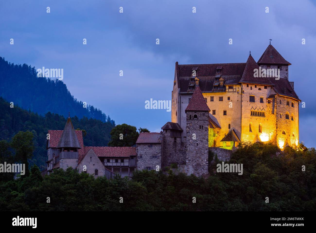 Night view of Gutenberg Castle in Balzers village, Liechtenstein Stock ...