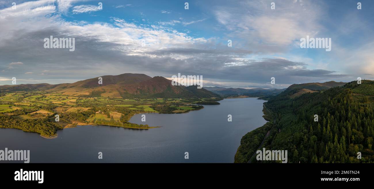 Aerial view of Bassenthwaite Lake in the English Lake District in warm ...
