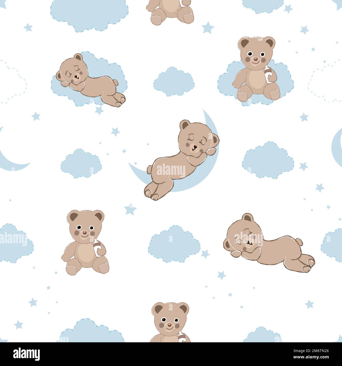 Cute teddy bears with clouds stars and moons. Seamless fabric design ...