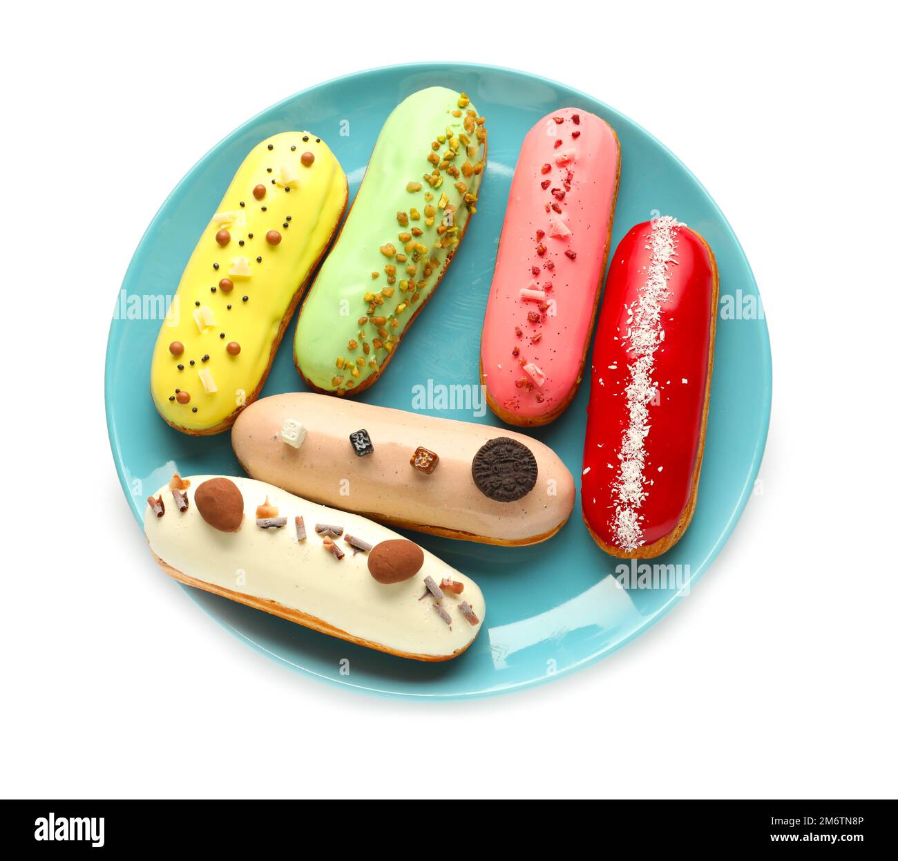 Plate with various glazed eclairs isolated on white background Stock ...