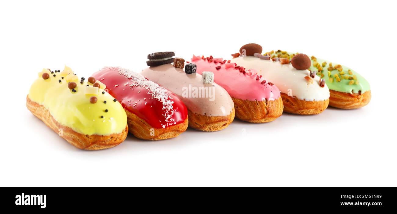Various glazed eclairs isolated on white background Stock Photo - Alamy