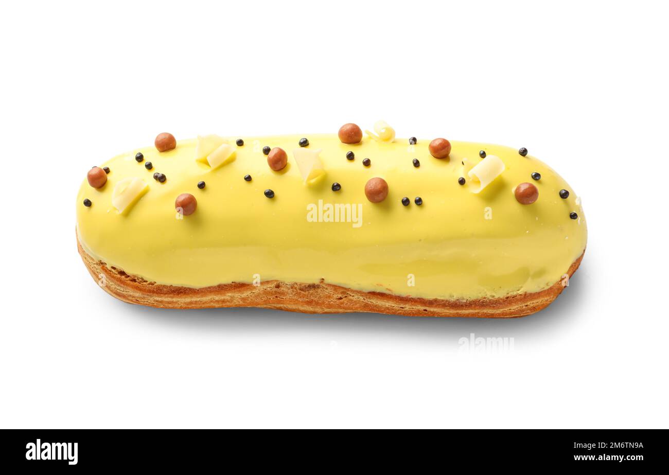 Delicious glazed eclair isolated on white background Stock Photo - Alamy