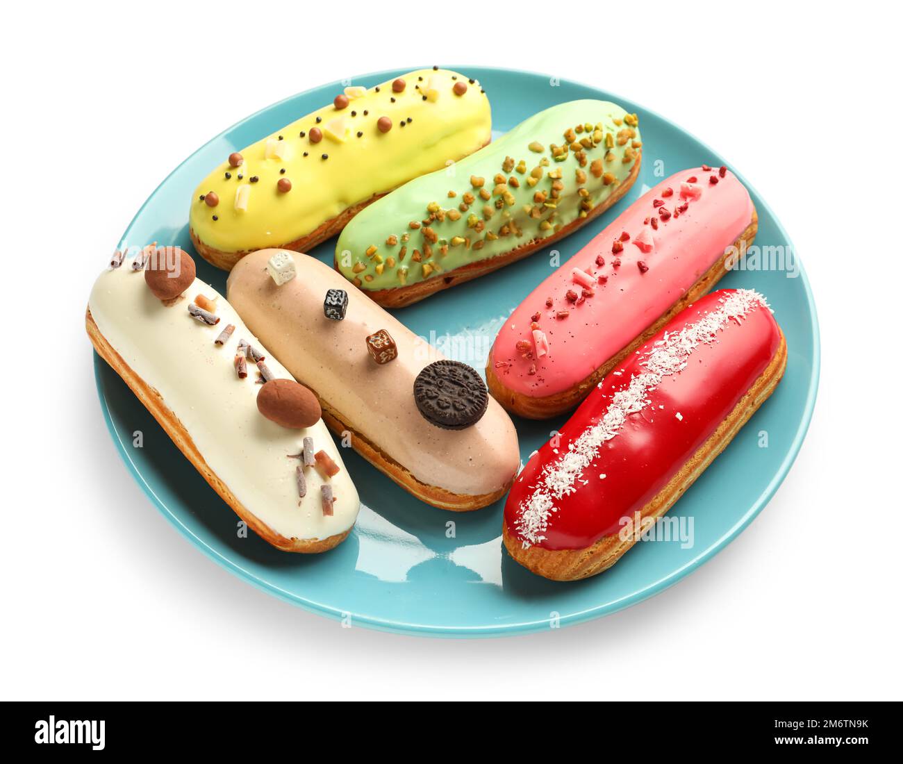 Plate with various glazed eclairs isolated on white background Stock ...