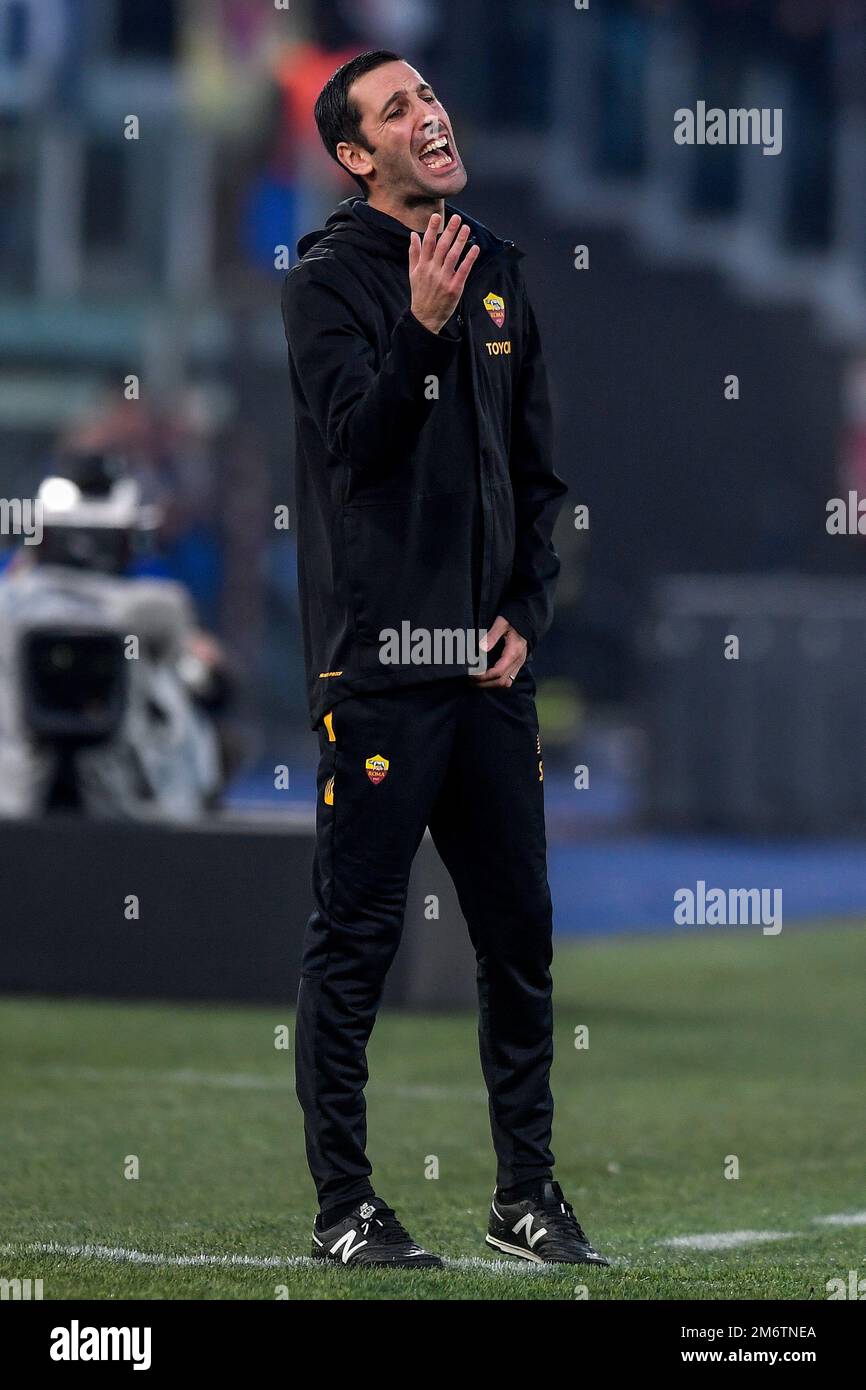 Salvatore Foti, assistant coach of AS Roma, reacts during the Serie A ...
