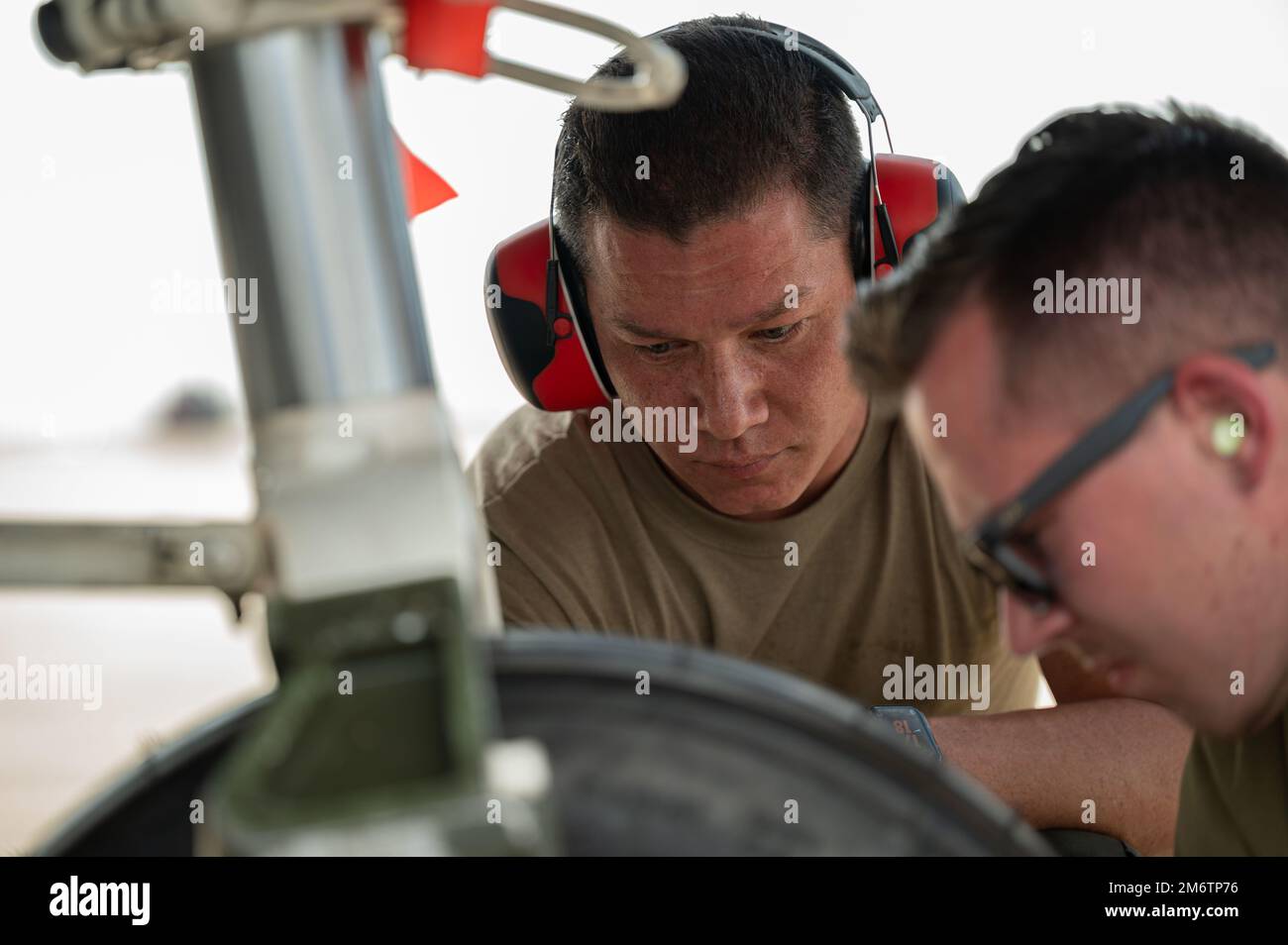 U.S. Air Force Senior Airman Nicholas Keelan, left, and Senior Airman Jacob Ritchie, 43d Fighter ...