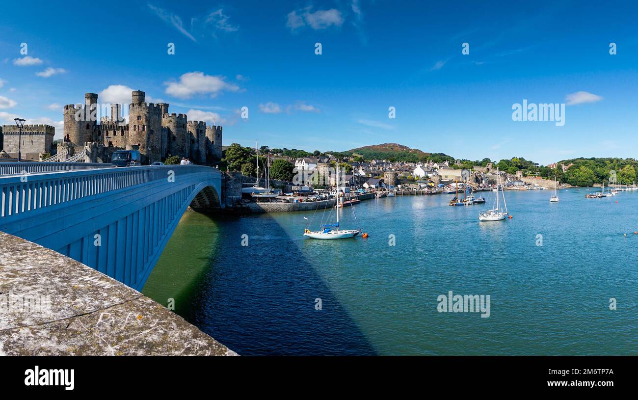 View of the Conwy Castle and bridge with the walled town and harbor ...