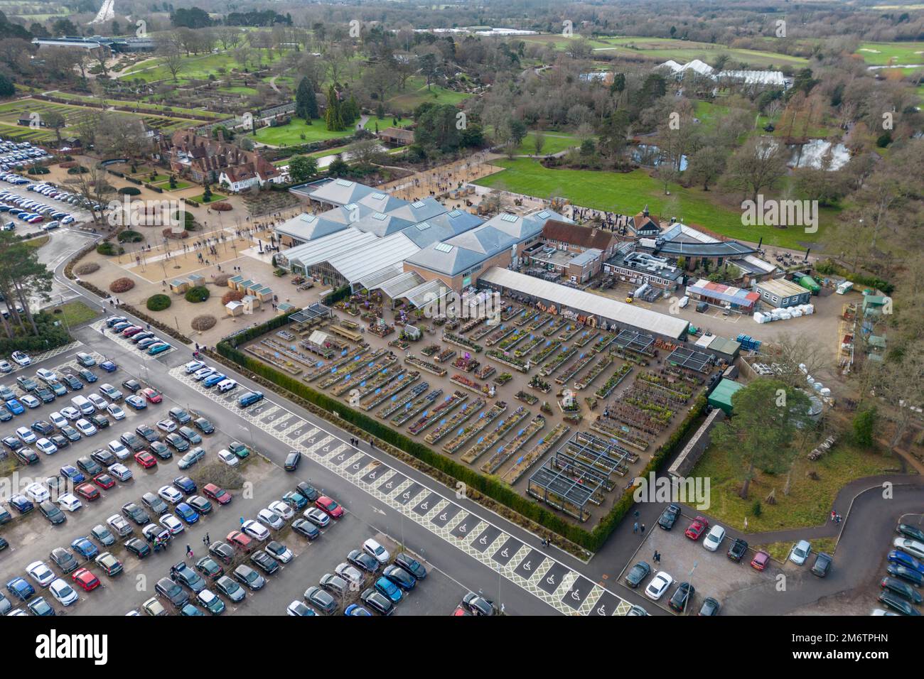 Aerial view of RHS Wisley Garden Centre, Woking, Surrey, UK Stock Photo ...