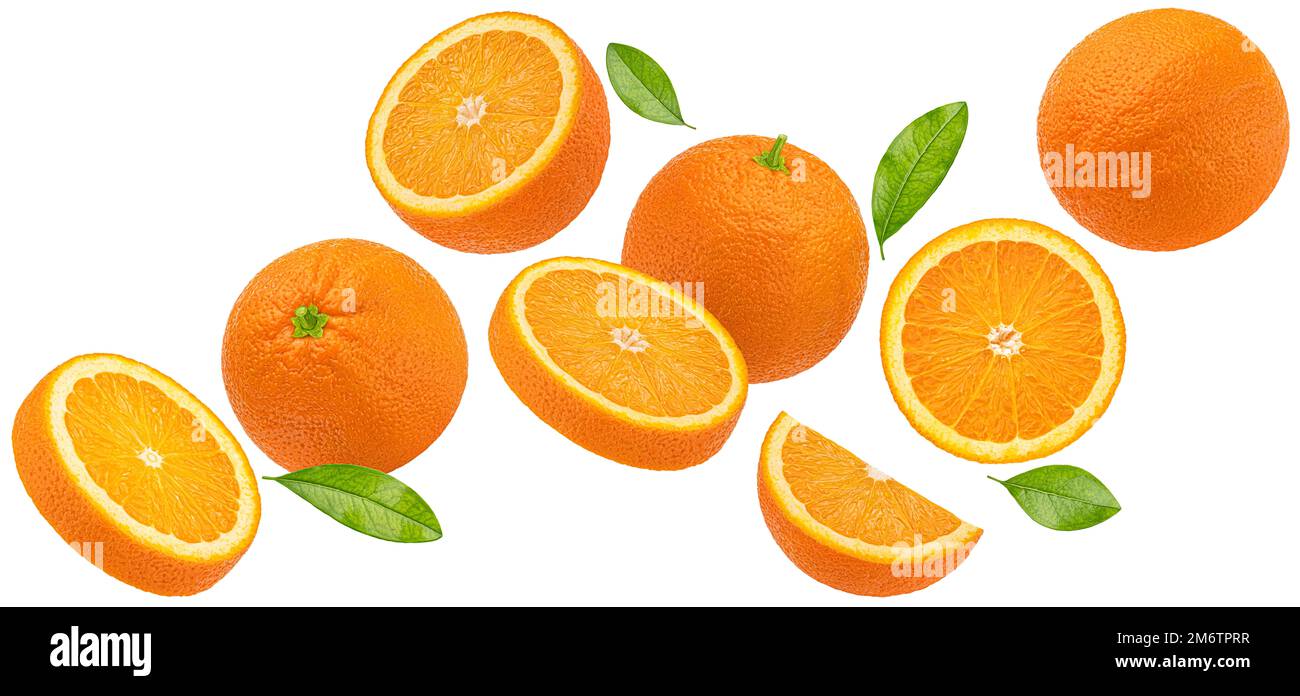 Falling orange fruits isolated on white background Stock Photo - Alamy