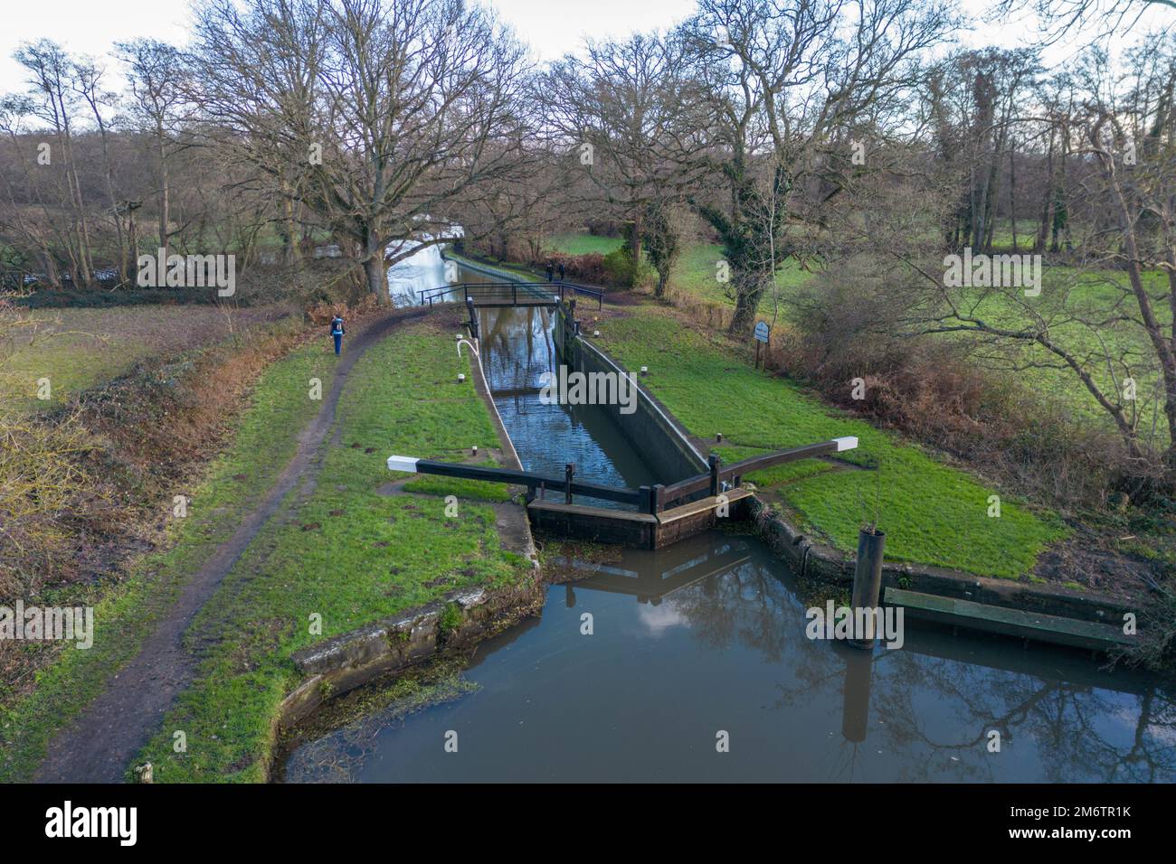 Aerial view of Newark Lock on the River Wey, Pyrford in Surrey, UK ...
