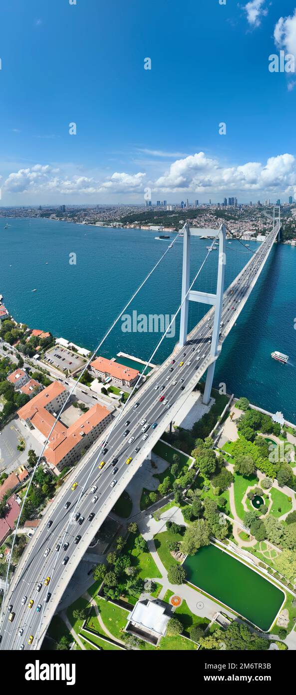 Istanbul Bosphorus Bridge and City Skyline in Background with Turkish ...