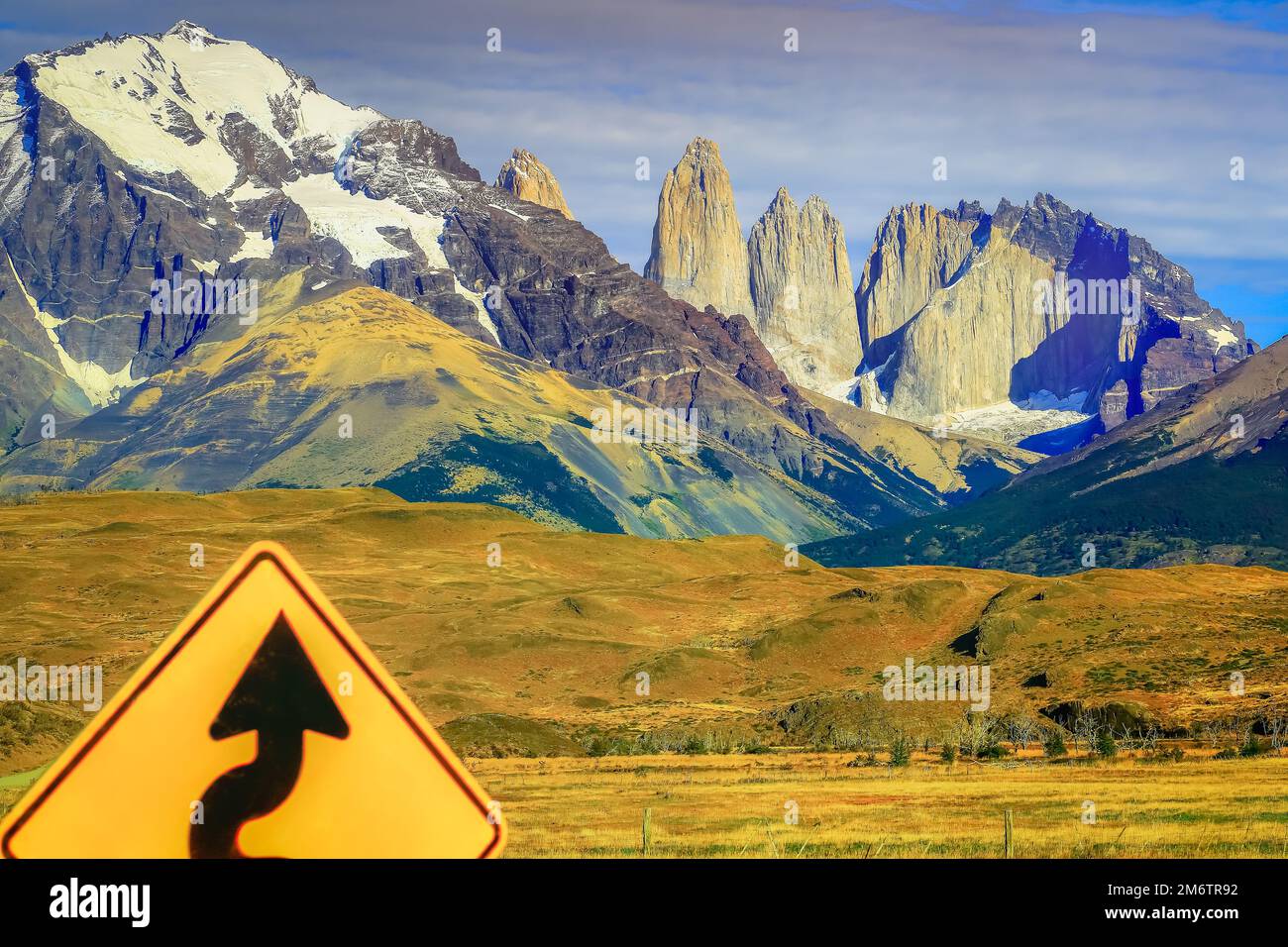 Torres Del Paine granites at sunrise and road sign, Chilean Patagonia ...