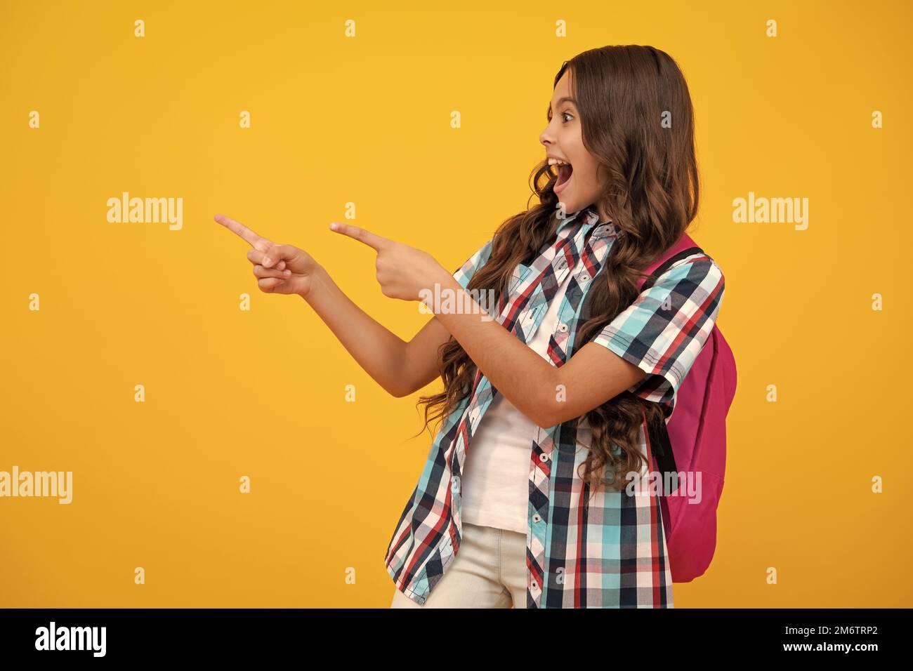 Amazed teen school girl. School teen with backpack. Teenager student ...