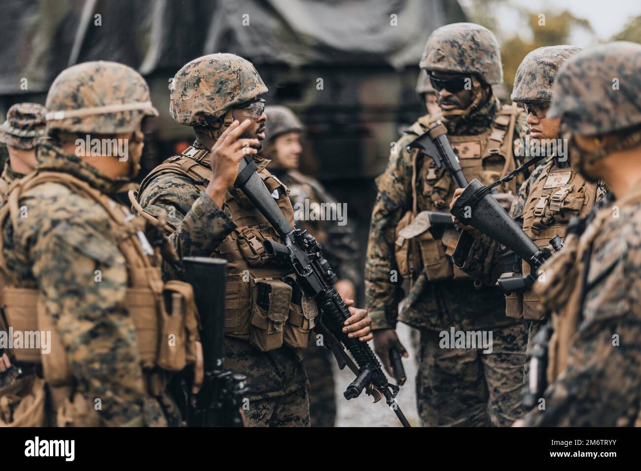 U.S. Marines with Marine Air Support Squadron (MASS) 2 conduct a patrol ...