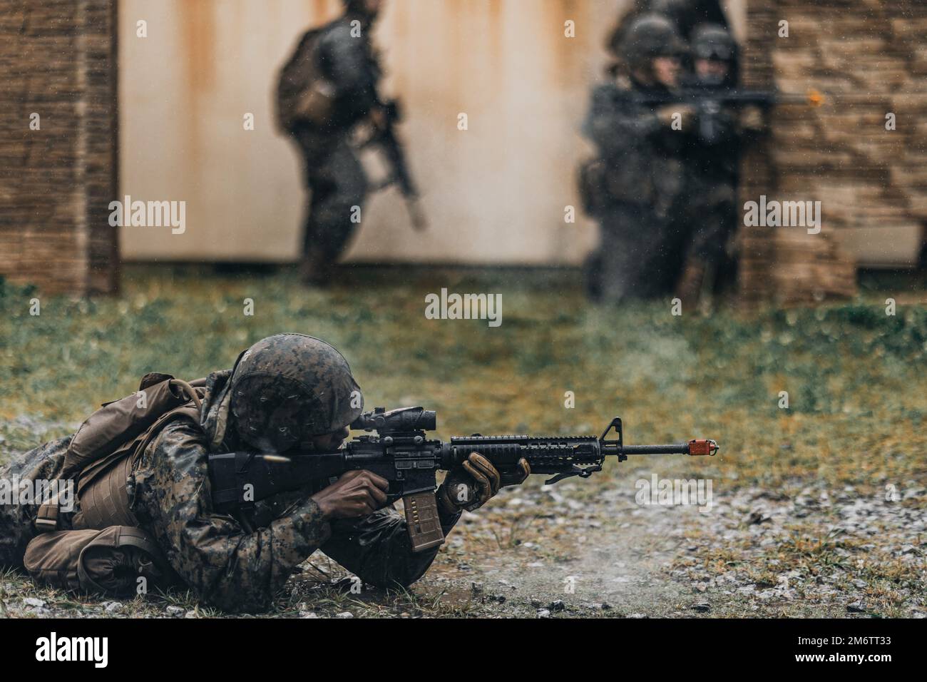 A U.S. Marine with Marine Air Support Squadron (MASS) 2 takes simulated ...