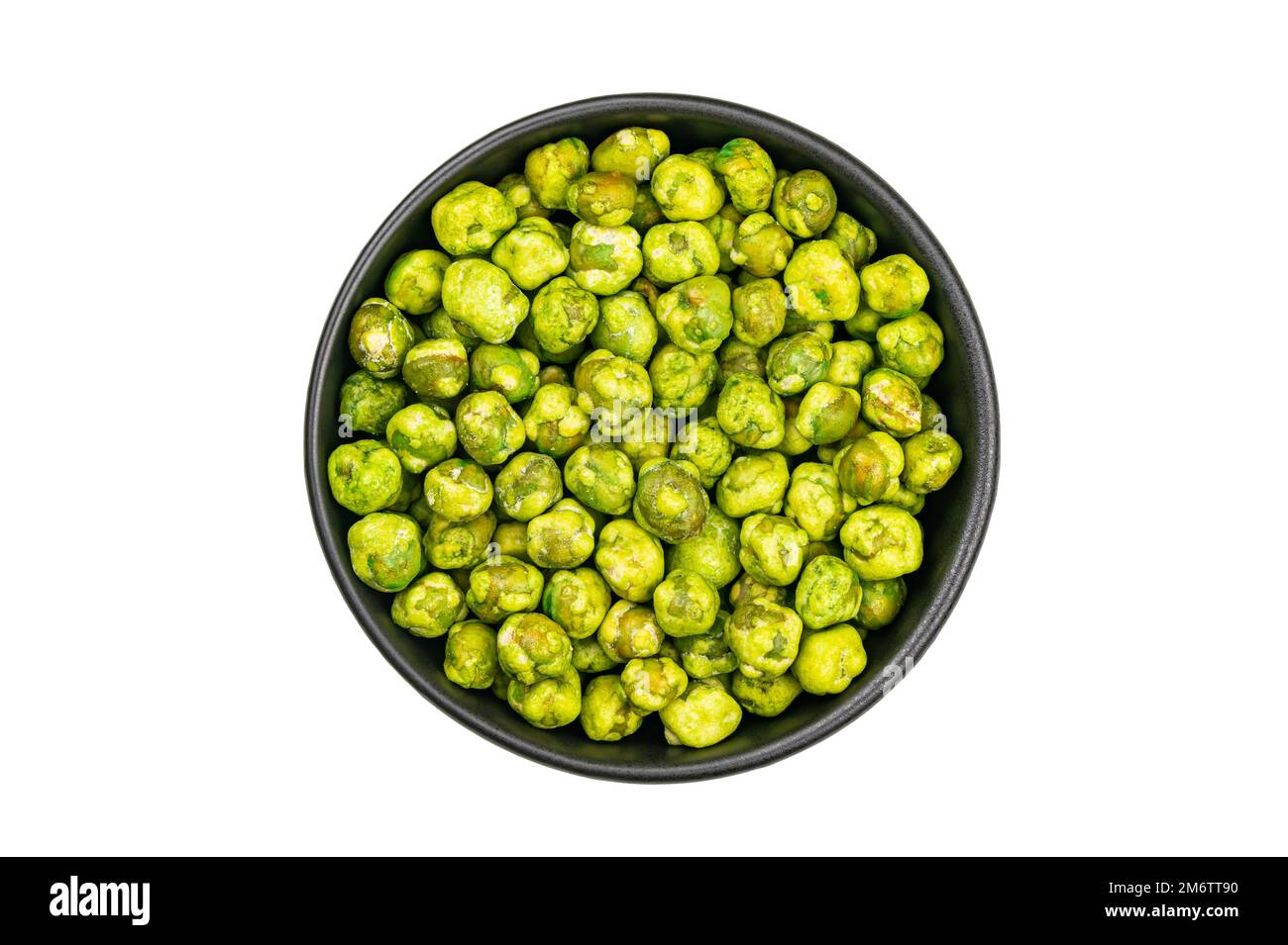 Top view or flat lay of dry crispy wasabi coated green peas in black ...