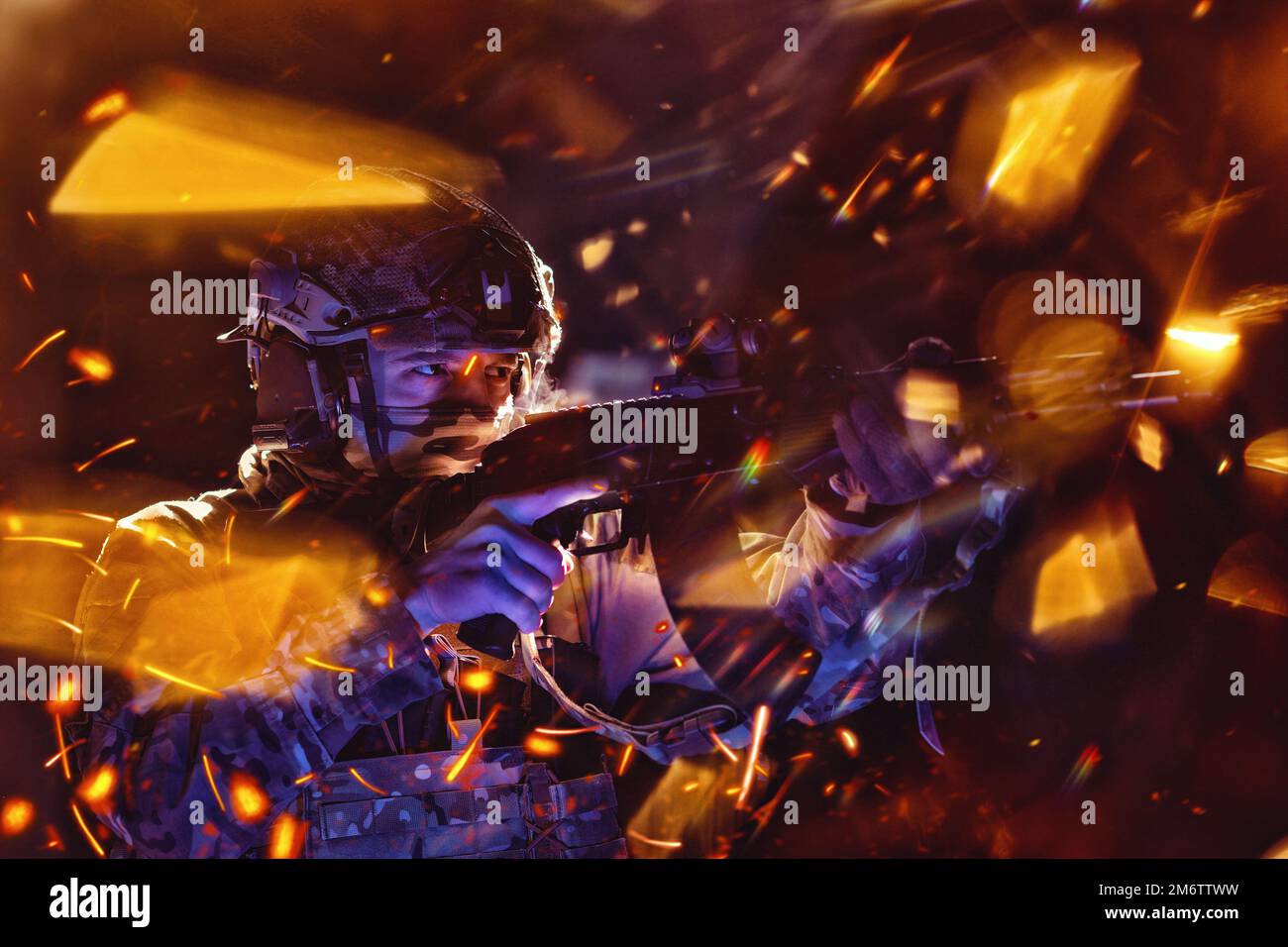 Army soldier in Combat Uniforms with an assault rifle and combat helmet ...