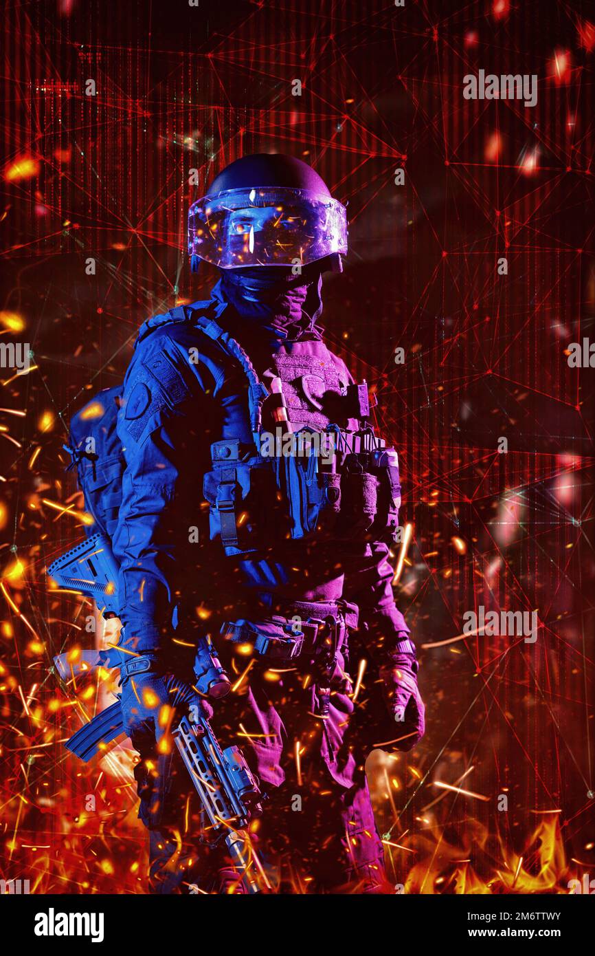 Army soldier in Combat Uniforms with an assault rifle and combat helmet ...