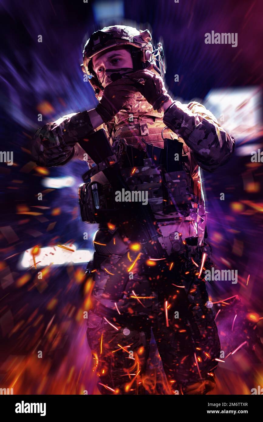 Army soldier in Combat Uniforms with an assault rifle and combat helmet ...