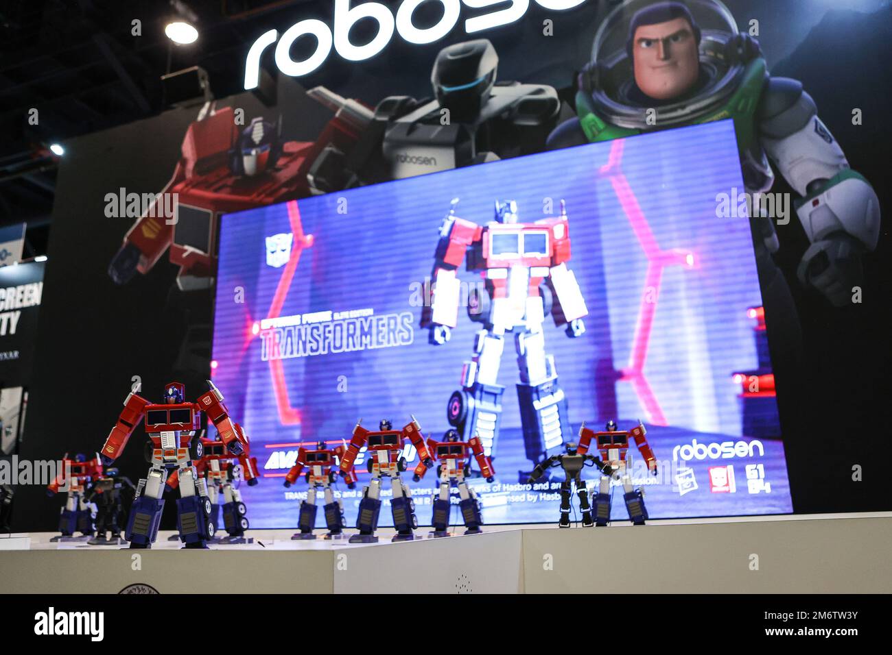 January 5, 2023: Several Robosen Optimus Prime robots on display in the ...