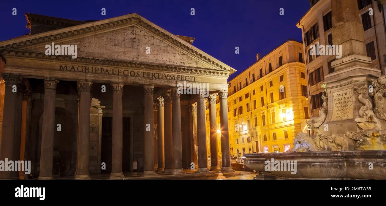 Illuminated Pantheon in Rome by night. One of the most famous historic ...