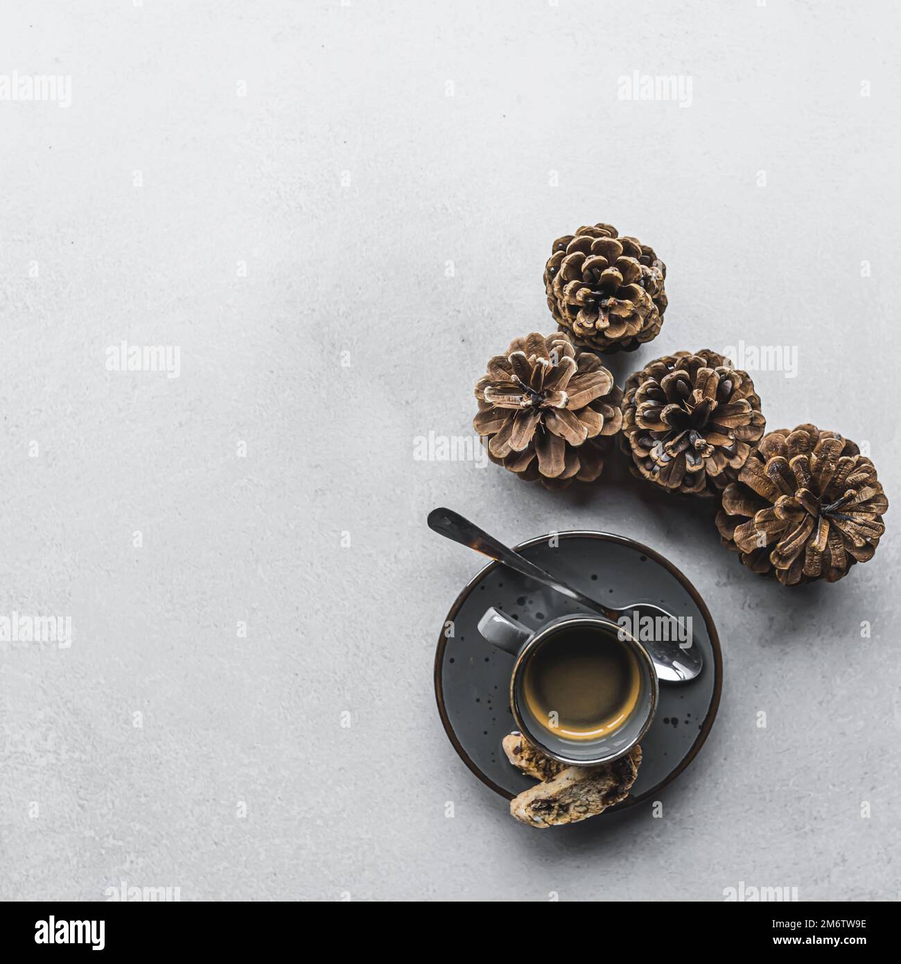 Espresso shot in grey cup along with biscuits. High angle shot. Copy ...