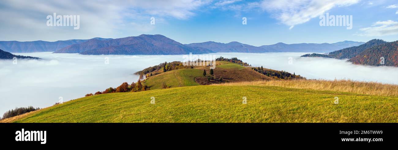 Morning foggy clouds in autumn mountain countryside. Ukraine ...
