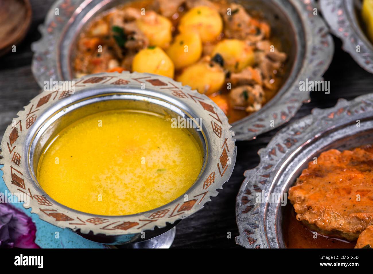 Eid Mubarak Traditional Ramadan Iftar dinner. Assorted tasty food in ...