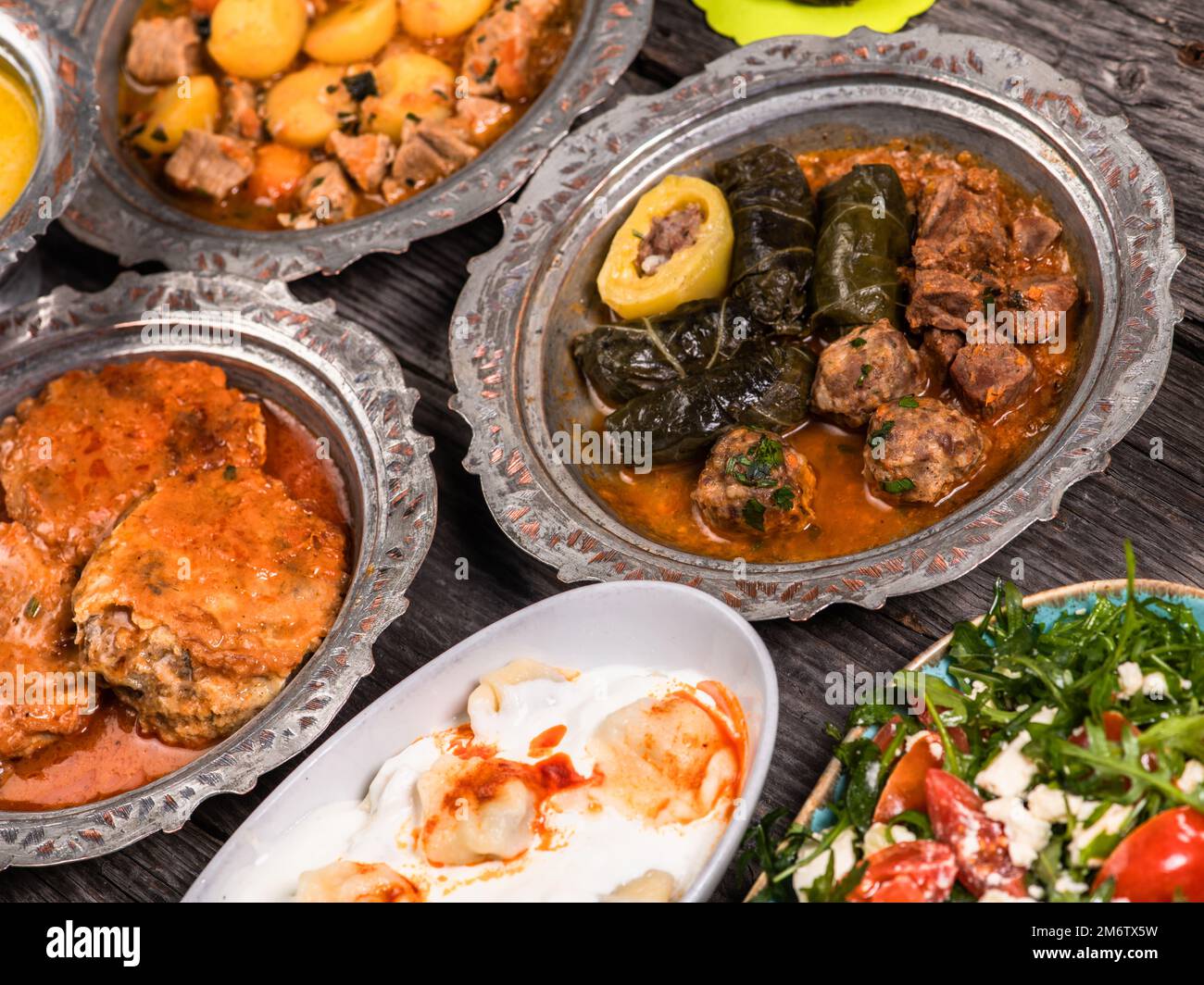 Eid Mubarak Traditional Ramadan Iftar dinner. Assorted tasty food in ...