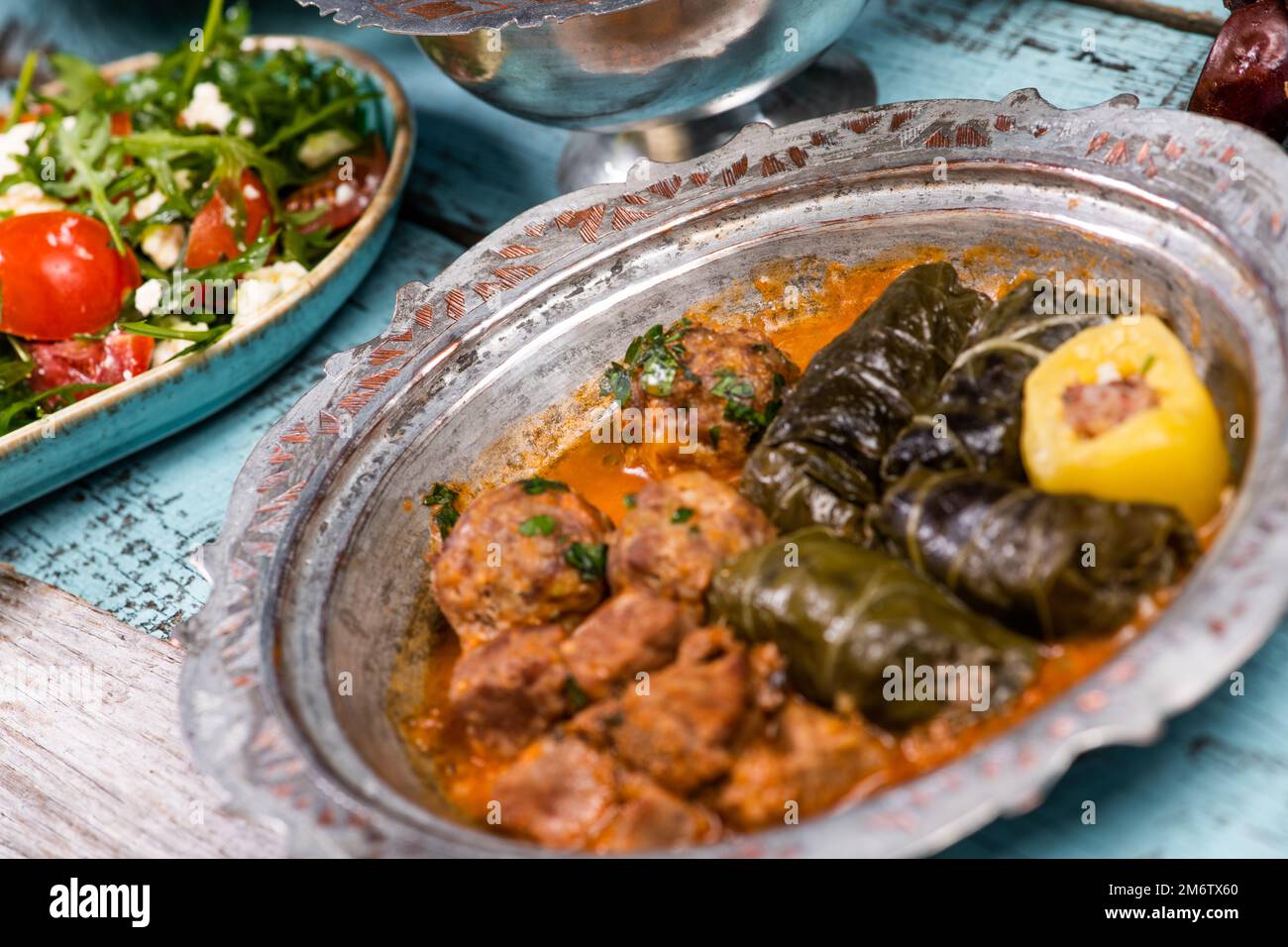 Eid Mubarak Traditional Ramadan Iftar dinner. Assorted tasty food in ...