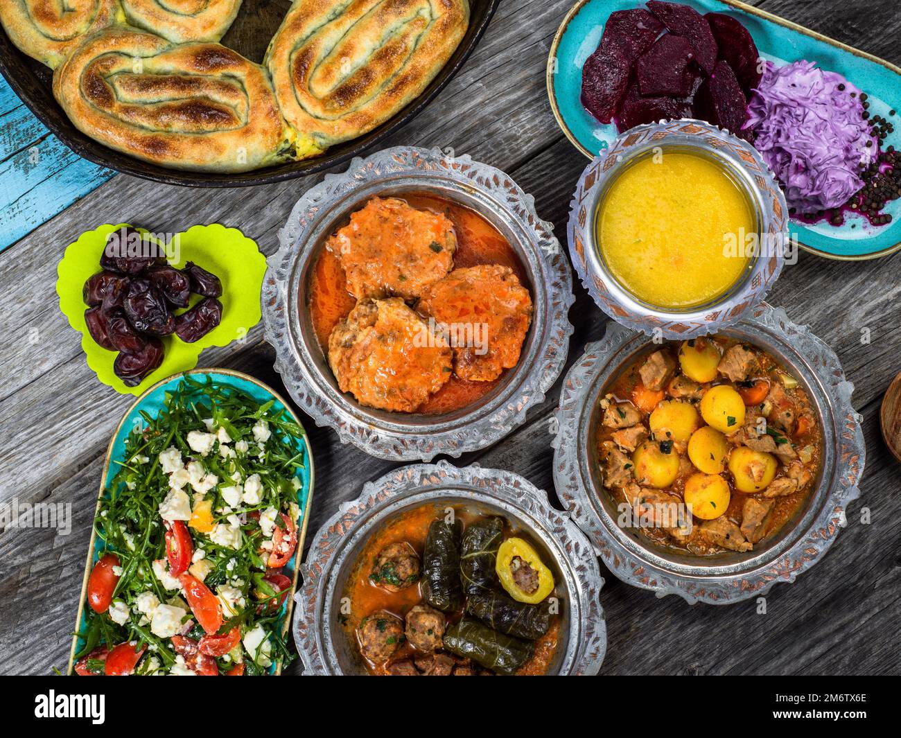 Eid Mubarak Traditional Ramadan Iftar dinner. Assorted tasty food in ...