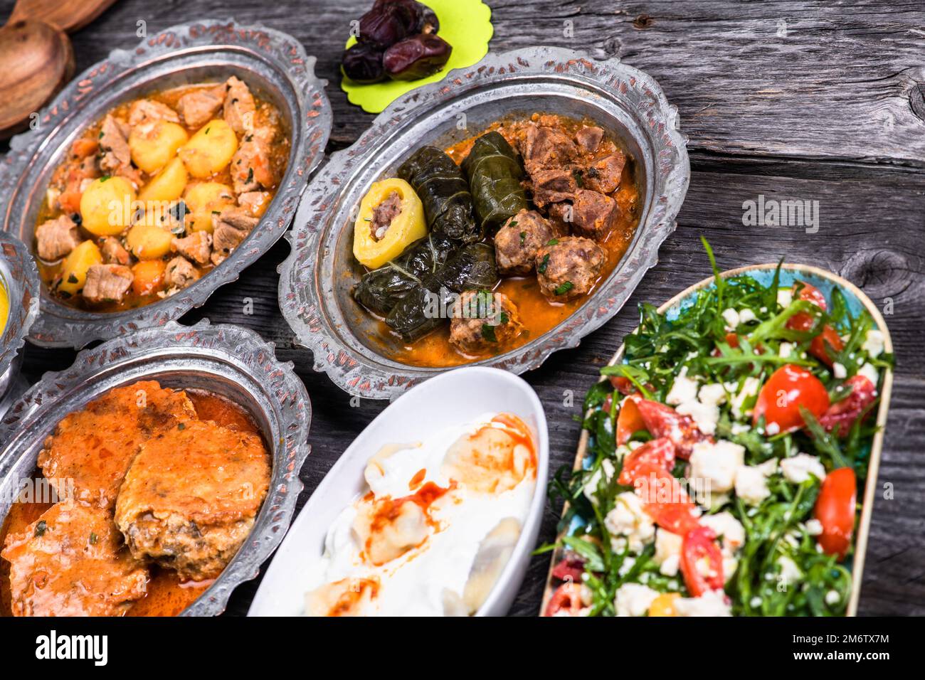 Eid Mubarak Traditional Ramadan Iftar dinner. Assorted tasty food in ...