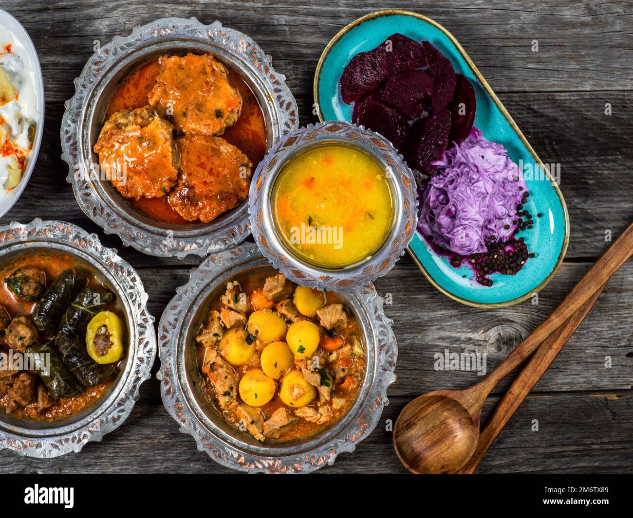 Eid Mubarak Traditional Ramadan Iftar dinner. Assorted tasty food in ...